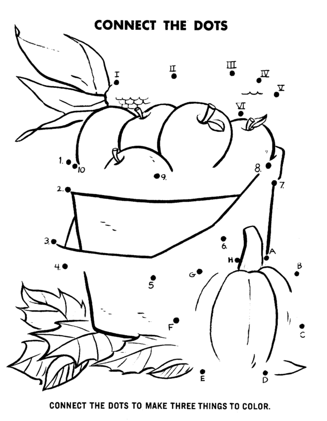 Dot to Dot Coloring Activity Pages Kids Apples Corn Pumpkin Connect 
